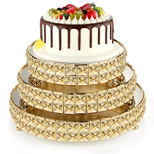 3 Pcs Crystal Metal Cake Display Stand with Mirror Top Plate 10 Inch, 12 Inch, 14 Inch Crystal Gold Dessert Display Pedestal Gold Round Cake Stand for Wedding Anniversary Baby Shower Birthday Party