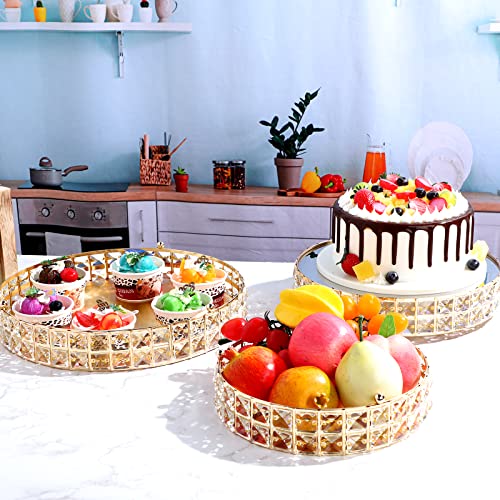 3 Pcs Crystal Metal Cake Display Stand with Mirror Top Plate 10 Inch, 12 Inch, 14 Inch Crystal Gold Dessert Display Pedestal Gold Round Cake Stand for Wedding Anniversary Baby Shower Birthday Party