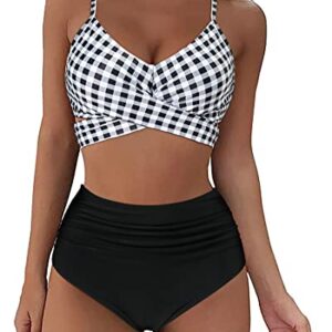 SUUKSESS Women High Waisted Bikini Criss Cross Swimsuits Push Up Bathing Suits (XS, Gingham)