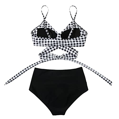 SUUKSESS Women High Waisted Bikini Criss Cross Swimsuits Push Up Bathing Suits (XS, Gingham)