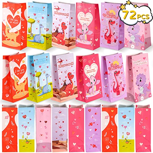 Valentine Gift Bags with Valentines Stickers - 72 PCS Valentine Treat Bags + 72 PCS Valentine’s Day Stickers, Valentines Candy Bags, Goodie Bags for Valentine’s Classroom Party Favors Gifts Exchange