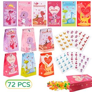 Valentine Gift Bags with Valentines Stickers - 72 PCS Valentine Treat Bags + 72 PCS Valentine’s Day Stickers, Valentines Candy Bags, Goodie Bags for Valentine’s Classroom Party Favors Gifts Exchange