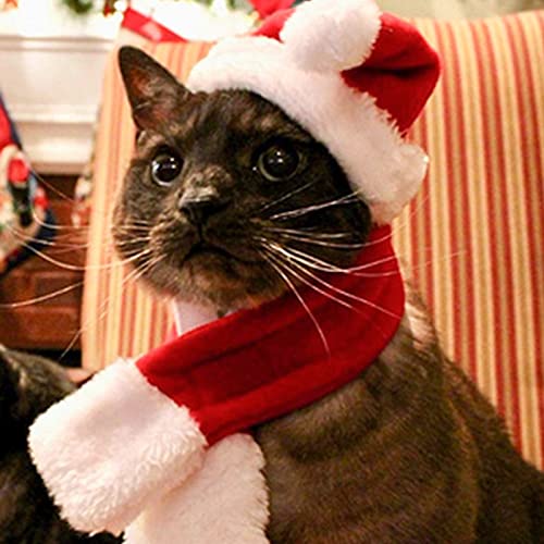 Dog Cat Pet Santa Hat with Scarf, Christmas Costume Set Pet Cat Puppy Dog Santa Hat and Scarf Christmas Pet Costume Accessory for Christmas Decoration Cosplay Supplies for Cats Puppy Dogs Pets