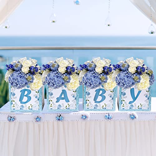 Easy Joy Baby Shower Centerpieces for Boys Floral Blue Baby Centerpiece Blove Flower Boxes Party Arrangement Favor Block Holder Gender Reveal Table Display Boy Decoration Without Flowers (4 Pcs)