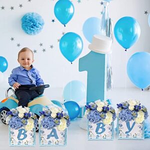 Easy Joy Baby Shower Centerpieces for Boys Floral Blue Baby Centerpiece Blove Flower Boxes Party Arrangement Favor Block Holder Gender Reveal Table Display Boy Decoration Without Flowers (4 Pcs)