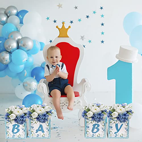 Easy Joy Baby Shower Centerpieces for Boys Floral Blue Baby Centerpiece Blove Flower Boxes Party Arrangement Favor Block Holder Gender Reveal Table Display Boy Decoration Without Flowers (4 Pcs)