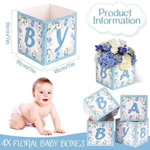 Easy Joy Baby Shower Centerpieces for Boys Floral Blue Baby Centerpiece Blove Flower Boxes Party Arrangement Favor Block Holder Gender Reveal Table Display Boy Decoration Without Flowers (4 Pcs)