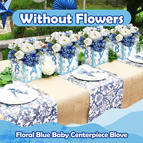 Easy Joy Baby Shower Centerpieces for Boys Floral Blue Baby Centerpiece Blove Flower Boxes Party Arrangement Favor Block Holder Gender Reveal Table Display Boy Decoration Without Flowers (4 Pcs)