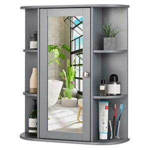 costway wall mounted bathroom cabinet - storage organizer with mirror door, adjustable shelves & 6 open racks, space-saving hanging medicine cabinet for living room kitchen entryway (gray)