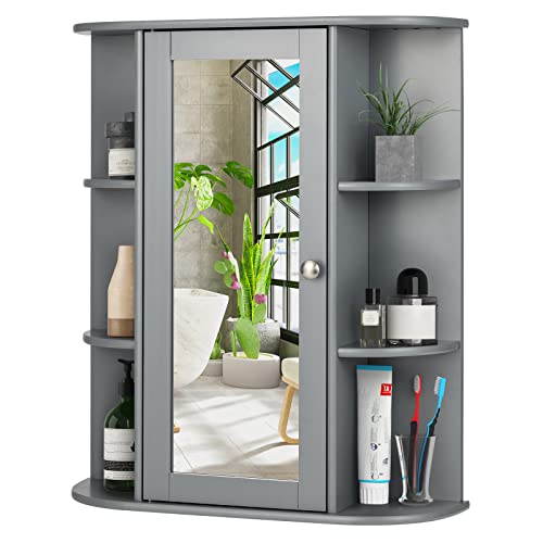 COSTWAY Wall Mounted Bathroom Cabinet - Storage Organizer with Mirror Door, Adjustable Shelves & 6 Open Racks, Space-Saving Hanging Medicine Cabinet for Living Room Kitchen Entryway (Gray)