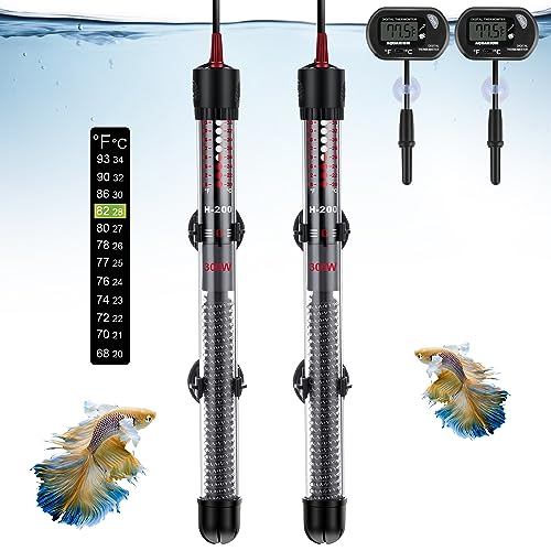 Dreyoo 2 Set Aquarium Fish Tank Heater, Submersible Aquarium Heater with Thermometers and Suckers, Adjustable Knob Aquarium Water Heater Built-in Thermostat for Aquariums (300 W)