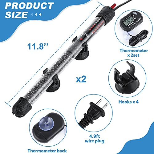 Dreyoo 2 Set Aquarium Fish Tank Heater, Submersible Aquarium Heater with Thermometers and Suckers, Adjustable Knob Aquarium Water Heater Built-in Thermostat for Aquariums (300 W)