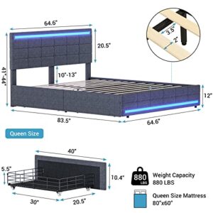 Tiptiper LED Bed Frame Queen Size with 2 USB Ports, LED Headboard & Footboard,Platform Bed Frame Queen Size with Storage Drawers, No Box Spring Needed, Easy Assembly, Dark Grey