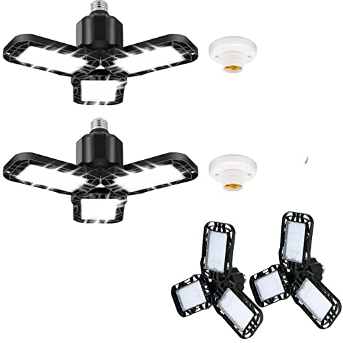 4-Pack Three-Blade Garage Lighting Folding Lights, Energy Efficient Large Plastic Garage Lights, Folding LED Beads Garage Lights, Basement Lighting, Warehouse Lighting, (6500K, Black)