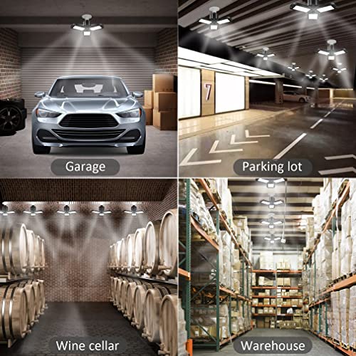 4-Pack Three-Blade Garage Lighting Folding Lights, Energy Efficient Large Plastic Garage Lights, Folding LED Beads Garage Lights, Basement Lighting, Warehouse Lighting, (6500K, Black)