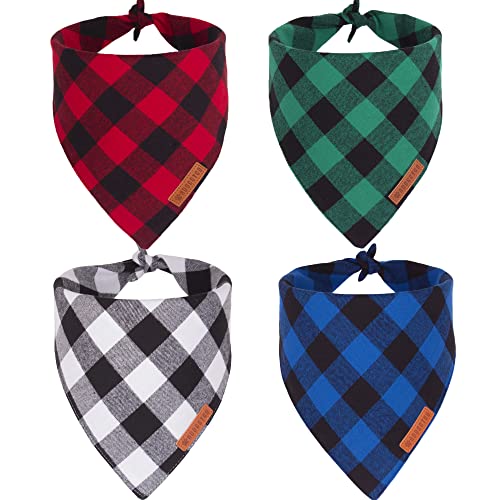 ADOGGYGO 4 Pack Dog Bandana Christmas Classic Plaid Pet Bandana Scarf, Multiple Sizes Offered, Blue White Green Red Plaid Bandana for Small Dogs (Small, Christmas)