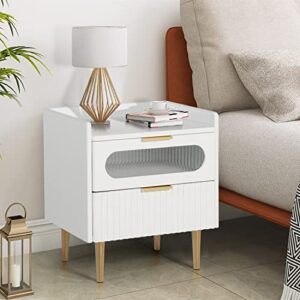 AILEEKISS Nightstand with Wireless Charging Function Modern Night Stands with Tempered Glass Drawer Wooden Nightstands for Bedroom (White)