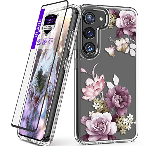 DagoRoo for Samsung Galaxy S23 Case with Tempered Glass Screen Protector, Girls Women Crystal Clear Flower Pattern Cases, Slim Fit Soft TPU + PC Shockproof Cover for Galaxy S23 (Purple)