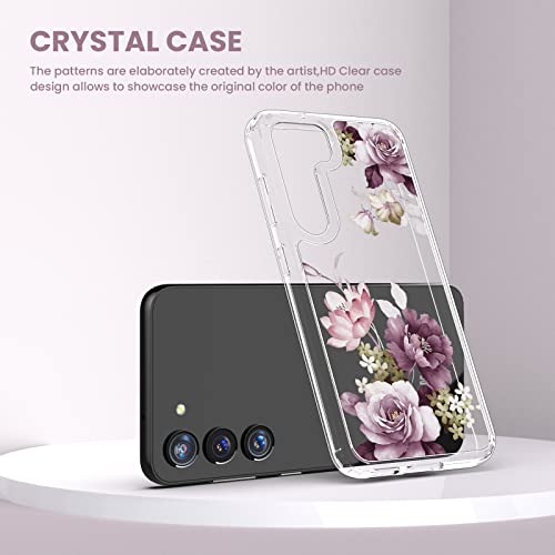 DagoRoo for Samsung Galaxy S23 Case with Tempered Glass Screen Protector, Girls Women Crystal Clear Flower Pattern Cases, Slim Fit Soft TPU + PC Shockproof Cover for Galaxy S23 (Purple)