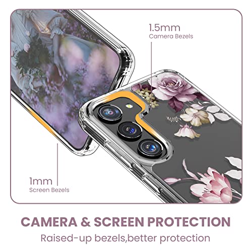 DagoRoo for Samsung Galaxy S23 Case with Tempered Glass Screen Protector, Girls Women Crystal Clear Flower Pattern Cases, Slim Fit Soft TPU + PC Shockproof Cover for Galaxy S23 (Purple)