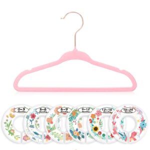 Rose Gold Baby Velvet Hangers 30 Pcs & 6 Closet Organizer Dividers, Non-Slip Kids Hangers, Pink