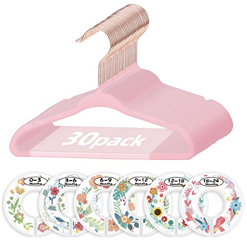 Rose Gold Baby Velvet Hangers 30 Pcs & 6 Closet Organizer Dividers, Non-Slip Kids Hangers, Pink