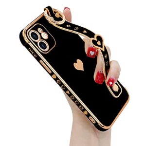 LLZ.COQUE for iPhone 12 Case Cute Love-Heart Plating Strap Phone Cover for Women Girls Bling Soft Silicone Camera Lens Protection Bumper Shockproof Phone Case for iPhone 12 (6.1'') - Black