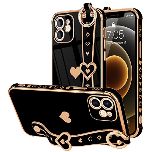 LLZ.COQUE for iPhone 12 Case Cute Love-Heart Plating Strap Phone Cover for Women Girls Bling Soft Silicone Camera Lens Protection Bumper Shockproof Phone Case for iPhone 12 (6.1'') - Black