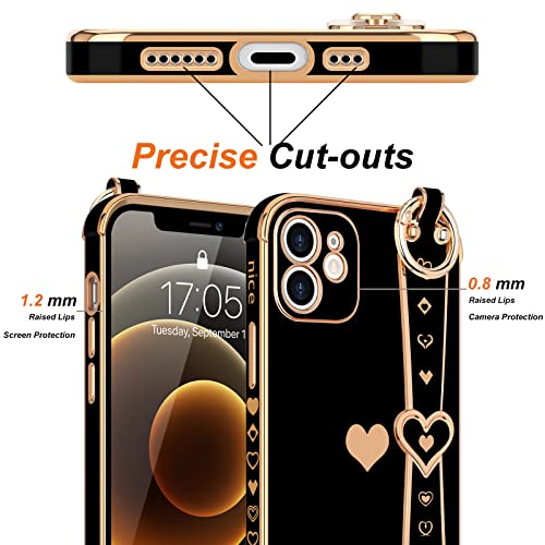 LLZ.COQUE for iPhone 12 Case Cute Love-Heart Plating Strap Phone Cover for Women Girls Bling Soft Silicone Camera Lens Protection Bumper Shockproof Phone Case for iPhone 12 (6.1'') - Black