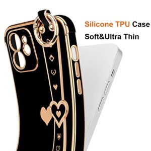 LLZ.COQUE for iPhone 12 Case Cute Love-Heart Plating Strap Phone Cover for Women Girls Bling Soft Silicone Camera Lens Protection Bumper Shockproof Phone Case for iPhone 12 (6.1'') - Black