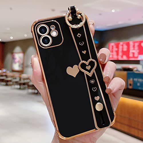 LLZ.COQUE for iPhone 12 Case Cute Love-Heart Plating Strap Phone Cover for Women Girls Bling Soft Silicone Camera Lens Protection Bumper Shockproof Phone Case for iPhone 12 (6.1'') - Black