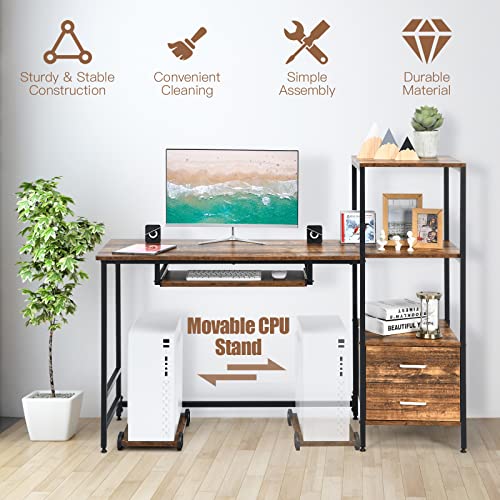 Tangkula Computer Desk with Storage Drawers & Shelves, 55.5 Inch Industrial Home Office Desk with Keyboard Tray & CPU Stand, Study Writing Desk, Laptop Workstation PC Desk for Small Space