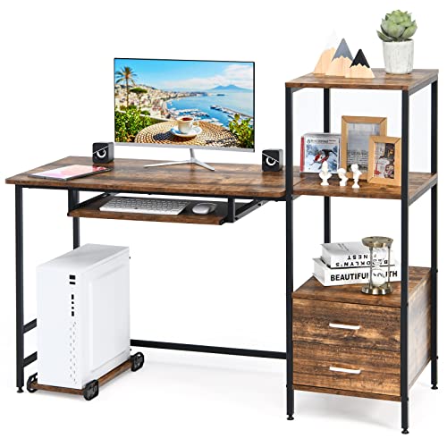 Tangkula Computer Desk with Storage Drawers & Shelves, 55.5 Inch Industrial Home Office Desk with Keyboard Tray & CPU Stand, Study Writing Desk, Laptop Workstation PC Desk for Small Space