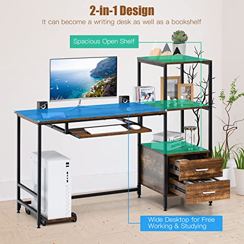 Tangkula Computer Desk with Storage Drawers & Shelves, 55.5 Inch Industrial Home Office Desk with Keyboard Tray & CPU Stand, Study Writing Desk, Laptop Workstation PC Desk for Small Space