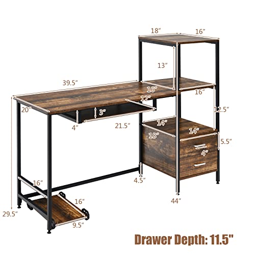 Tangkula Computer Desk with Storage Drawers & Shelves, 55.5 Inch Industrial Home Office Desk with Keyboard Tray & CPU Stand, Study Writing Desk, Laptop Workstation PC Desk for Small Space