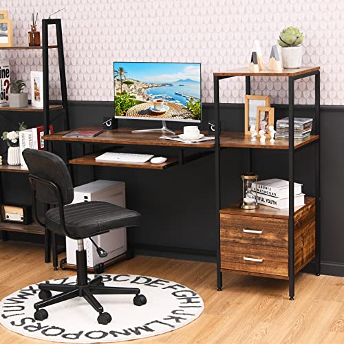 Tangkula Computer Desk with Storage Drawers & Shelves, 55.5 Inch Industrial Home Office Desk with Keyboard Tray & CPU Stand, Study Writing Desk, Laptop Workstation PC Desk for Small Space