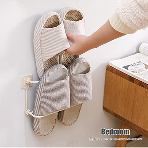 ORIJOYNA Wall Mounted Shoes Rack Plastic Shoes Hanger,Sticky Double Layer Foldable Slippers Drain Storage Rack Hanging Shoes Holder Bathroom Organizer（3 Packs）