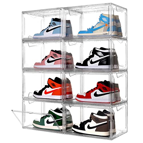 LOVIFO Shoe Boxes Clear Plastic Stackable, 8 Pack Acrylic Shoe Storage Boxes with Magnetic Door for Sneakerheads, Professional Shoe Display Case, Fit Shoe Size Up to US 15