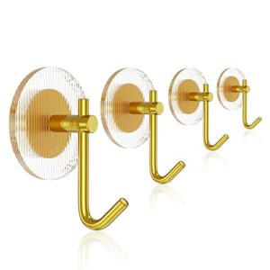 wall hooks for hanging heavy duty, 4 pack over the door hooks shower towel hooks coat hooks wall mounted,damage free adhesive hooks,gold hooks for bathroom bedroom kitchen door garage closet - gold