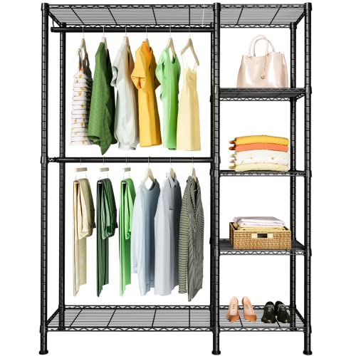 Ulif F2 Closet Garment Rack, 5 Tiers Heavy Duty Clothes Storage Organizer with 2 Hanger Rods for Bedroom, Free-Standing and Height Adjustable, 44.8”L x 14.5”D x 79.3”H, Black