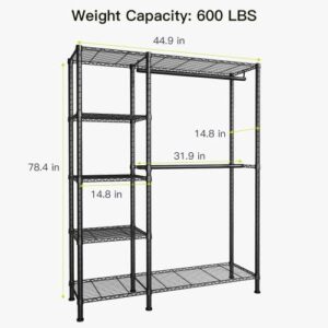 Ulif F2 Closet Garment Rack, 5 Tiers Heavy Duty Clothes Storage Organizer with 2 Hanger Rods for Bedroom, Free-Standing and Height Adjustable, 44.8”L x 14.5”D x 79.3”H, Black