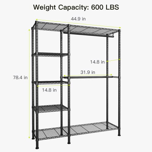 Ulif F2 Closet Garment Rack, 5 Tiers Heavy Duty Clothes Storage Organizer with 2 Hanger Rods for Bedroom, Free-Standing and Height Adjustable, 44.8”L x 14.5”D x 79.3”H, Black