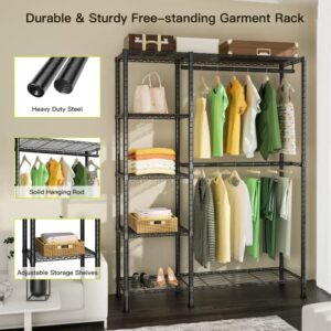 Ulif F2 Closet Garment Rack, 5 Tiers Heavy Duty Clothes Storage Organizer with 2 Hanger Rods for Bedroom, Free-Standing and Height Adjustable, 44.8”L x 14.5”D x 79.3”H, Black