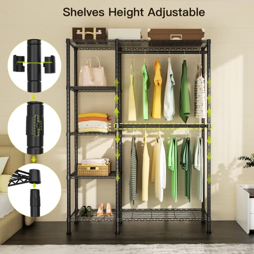 Ulif F2 Closet Garment Rack, 5 Tiers Heavy Duty Clothes Storage Organizer with 2 Hanger Rods for Bedroom, Free-Standing and Height Adjustable, 44.8”L x 14.5”D x 79.3”H, Black