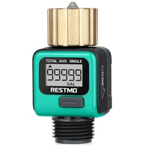 restmo water flow meter with brass inlet metal thread, measure gallon/liter consumption and flow rate for outdoor garden hose watering, rv water tank filling, lawn sprinkler and nozzle sprayer