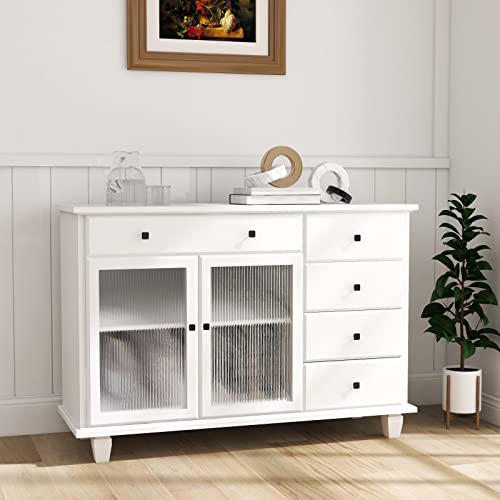 RASOO Buffet Cabinet White Modern Sideboard Cupboards with 2 Glass Doors Adjustable Shelf & 5 Drawers Farmhous Kitchen Storage Cabinet for Dining Living Room