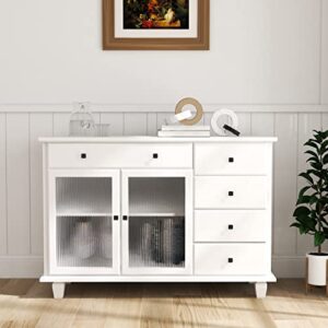 RASOO Buffet Cabinet White Modern Sideboard Cupboards with 2 Glass Doors Adjustable Shelf & 5 Drawers Farmhous Kitchen Storage Cabinet for Dining Living Room