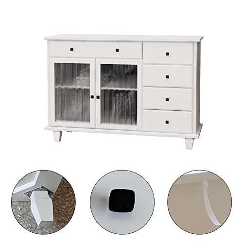 RASOO Buffet Cabinet White Modern Sideboard Cupboards with 2 Glass Doors Adjustable Shelf & 5 Drawers Farmhous Kitchen Storage Cabinet for Dining Living Room