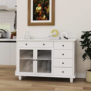 RASOO Buffet Cabinet White Modern Sideboard Cupboards with 2 Glass Doors Adjustable Shelf & 5 Drawers Farmhous Kitchen Storage Cabinet for Dining Living Room