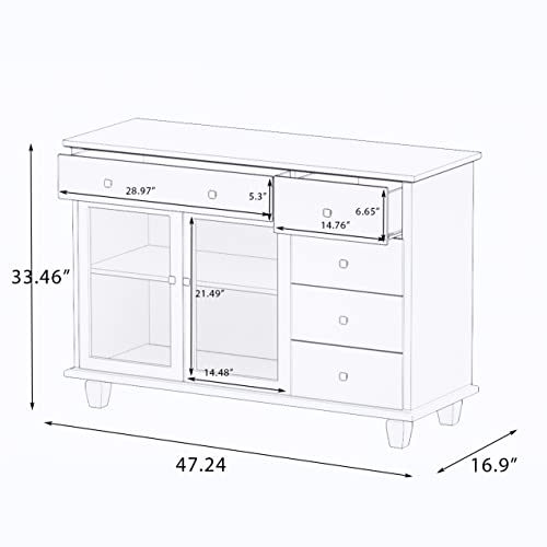 RASOO Buffet Cabinet White Modern Sideboard Cupboards with 2 Glass Doors Adjustable Shelf & 5 Drawers Farmhous Kitchen Storage Cabinet for Dining Living Room